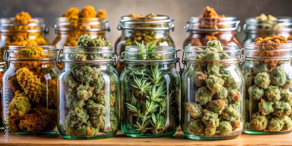 Vibrant medicinal buds of diverse cannabis strains fill clear jars ...