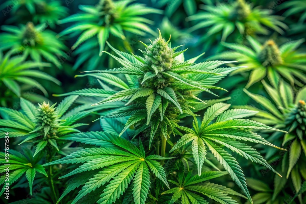 Vibrant green marijuana plants with dense buds and intricate leaves are ...