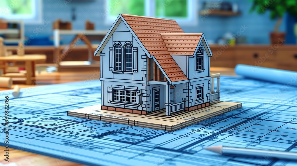 3D two story house model on architectural blueprints, residential home ...