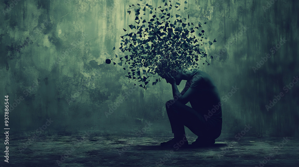 Conceptual illustration of a man in distress with head disintegrating ...