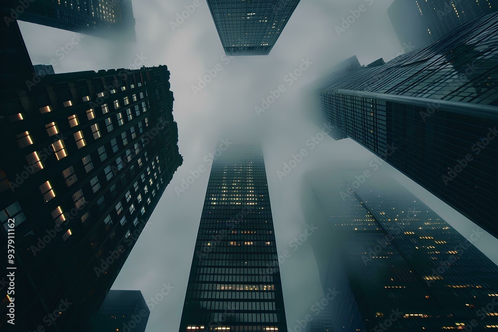 Foggy day in New York City, skyscrapers with glass facades, cloudy sky ...