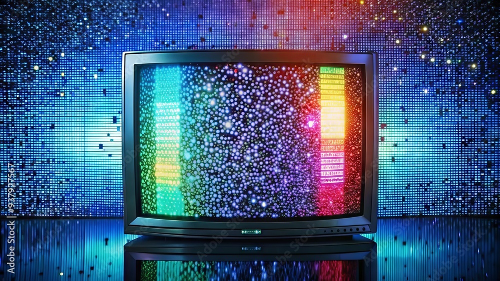 Distorted television screen displaying scattered, flickering, and ...