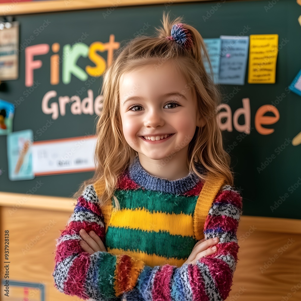 1st grade schoolgirl, elementary school student standing nere classroom ...