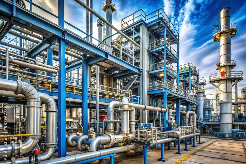 Industrial pipeline infrastructure at a petrochemical plant, featuring ...