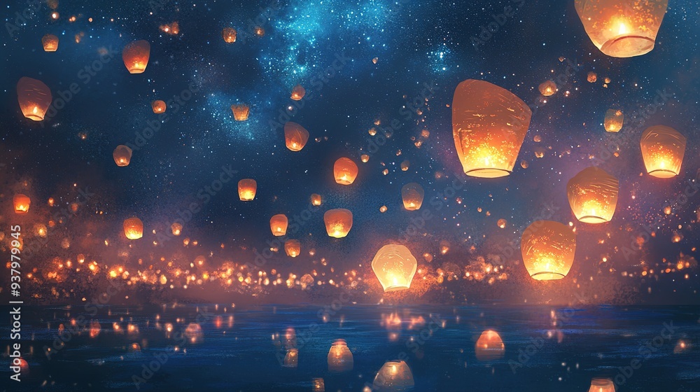 Magical Background of a Starry Night Sky Filled with Floating Lanterns ...
