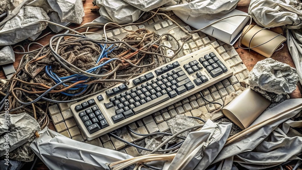 Old computer keyboard surrounded by discarded electronic waste, tangled ...