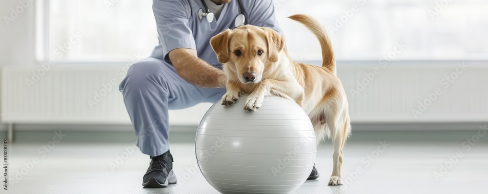 Veterinarian working with a dog on balance exercises using a stability ...