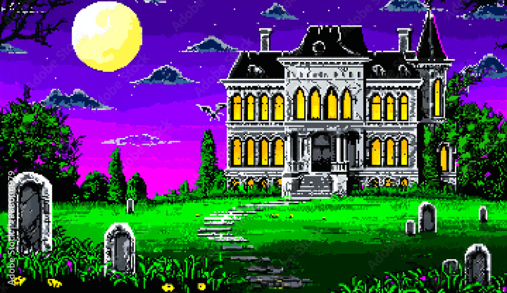 8-bit pixel art of a gothic mansion with white marble and black stone ...