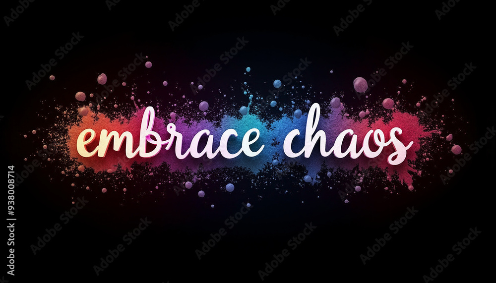 Graphic design with embrace chaos in bold cursive font, with splattered ...