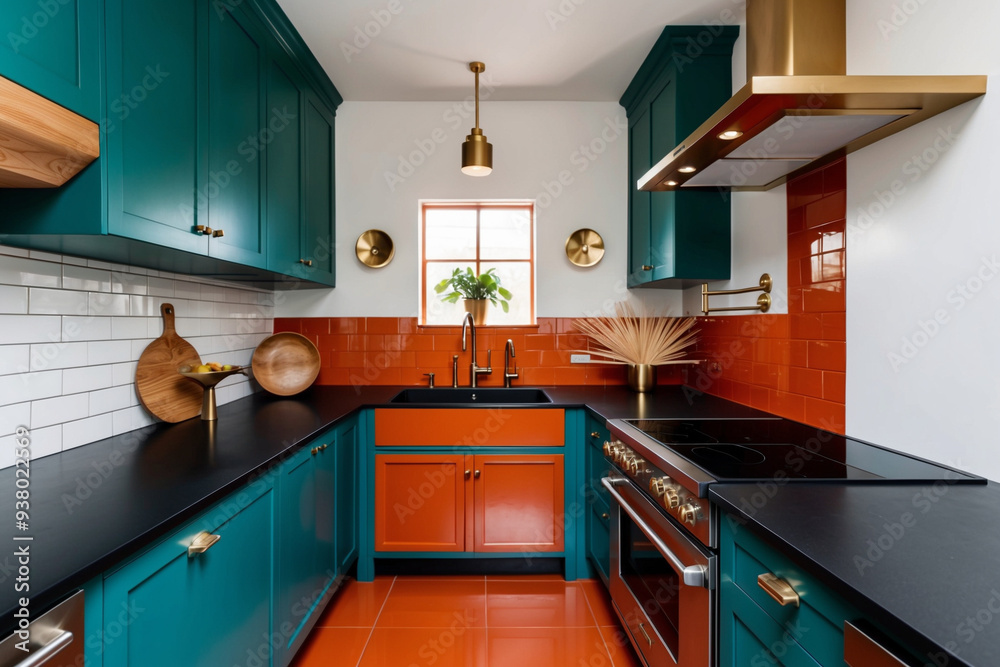Scandinavian-inspired kitchen with a striking combination of teal ...