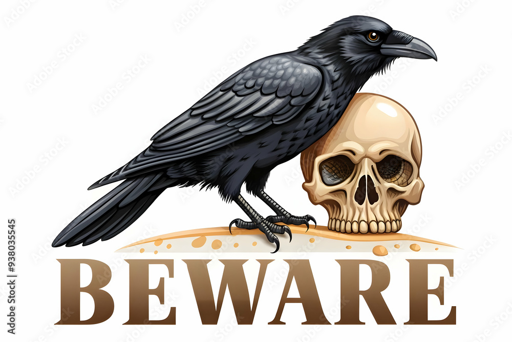 Flat Raven and Skull with Beware Text concept as An isolated vector ...
