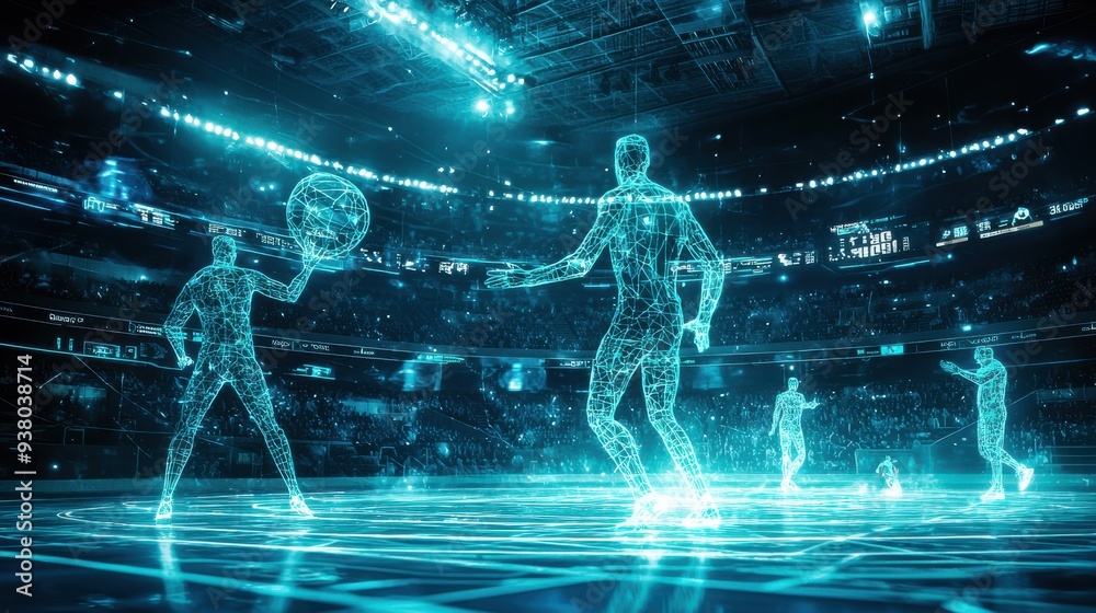 A futuristic sports event where AI-generated holographic players ...