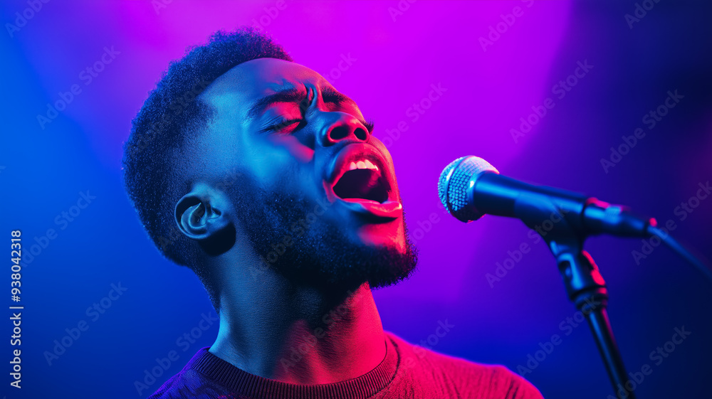 Powerful Christian gospel soloist singing passionately spotlight ...