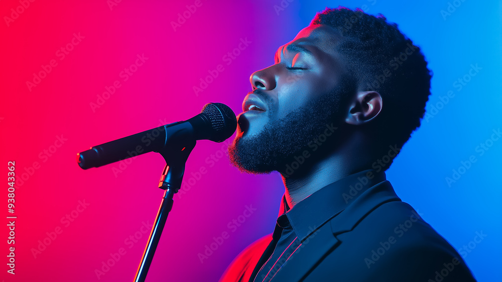Solo gospel singer in deep concentration microphone close to lips soft ...