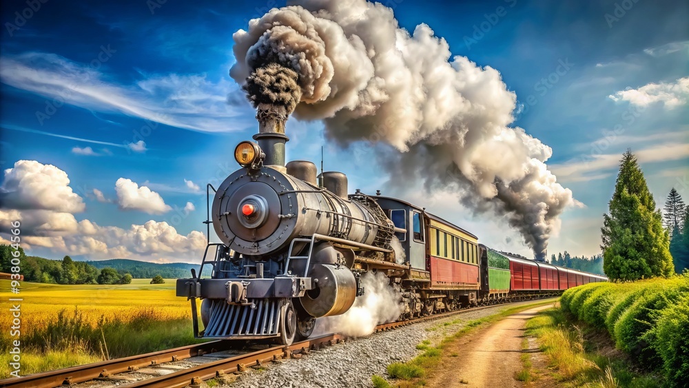 Vintage steam locomotive chugs along rustic railroad tracks, billowing ...