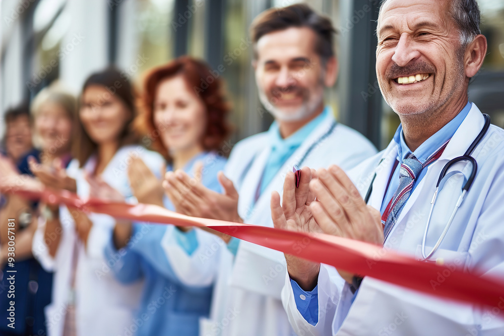 Foto de Stock Ribbon cutting ceremony at hospital entrance, doctors and ...