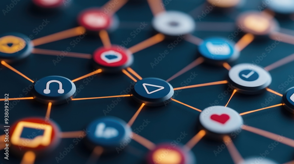 Digital connectivity network, interactive media icons connected by ...