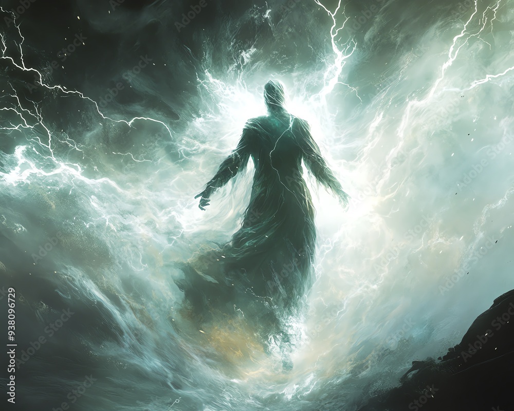 A human figure bathed in a bright, glowing aura, surrounded by slashing ...