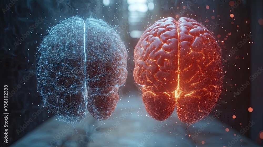 A detailed visualization of two brains facing each other, one rendered in a digital network form ...