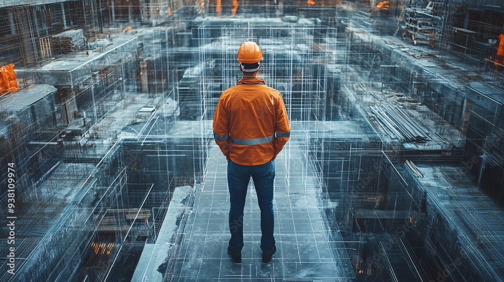An engineer standing on a construction site reviewing a 3D holographic ...