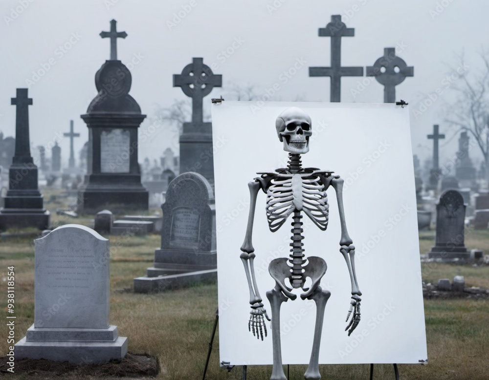 Skeleton figure stands holding up blank white poster. The skeleton's ...