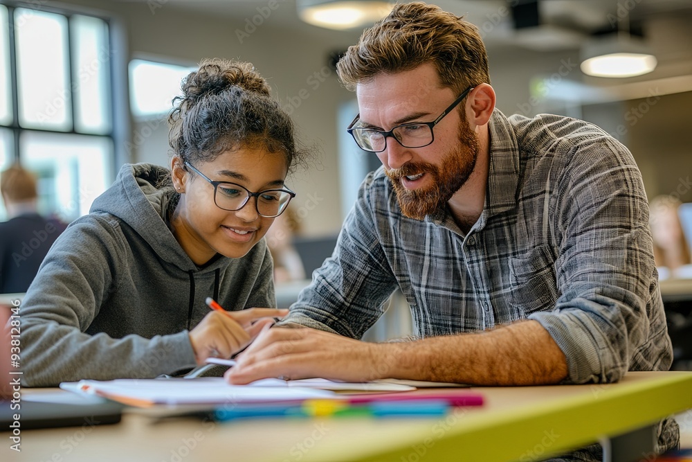 Teacher and student in a lively classroom, with vibrant, directional ...