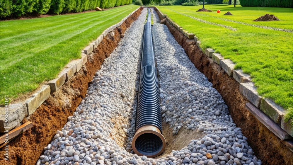 A trench dug in a lawn with a perforated pipe surrounded by gravel, filtering water and reducing ...