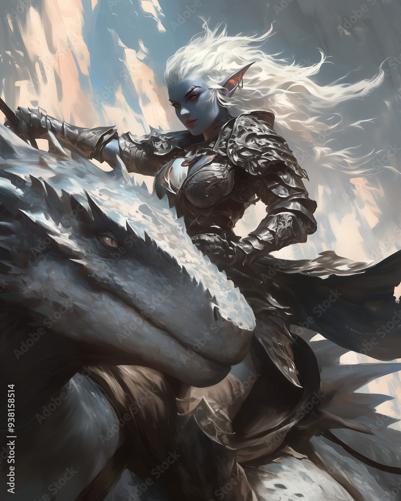 fearless drow warrior with flowing silver hair, leading a formidable drake through a desolate ...