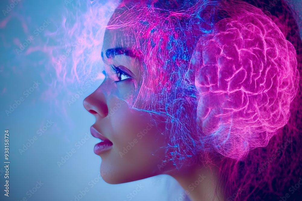 Profile of a woman with vivid neural networks overlaying her brain ...