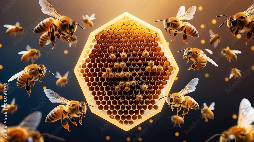 Honeycomb Harmony: A swarm of busy bees buzzing around a honeycomb ...