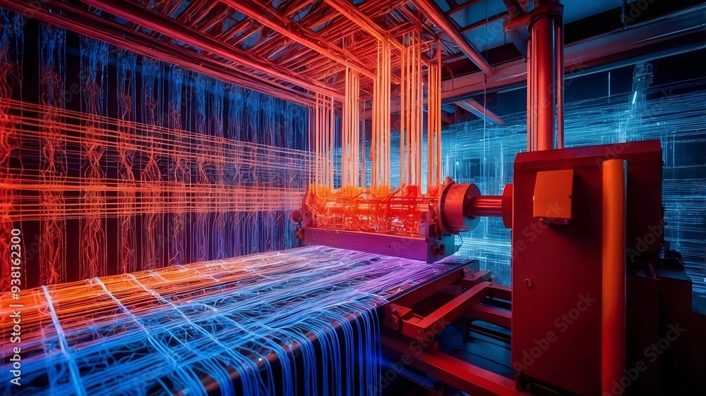 Industrial Weaving Loom: A close-up of a weaving loom in operation ...