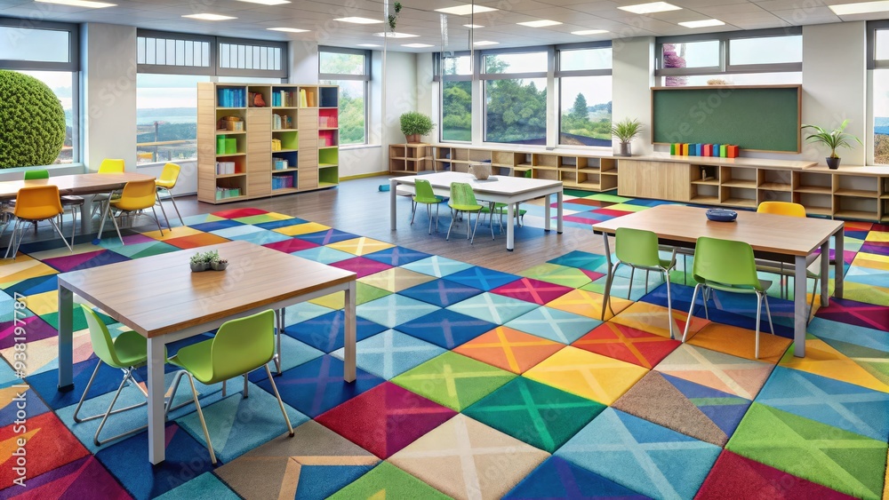 Colorful and modern classroom flooring design with modular carpet tiles ...