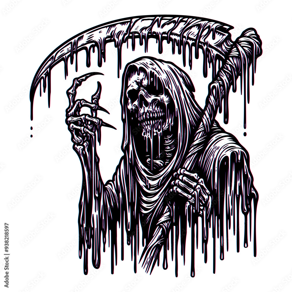 Line art illustration of terrifying Grim Reaper with melting, dripping ...