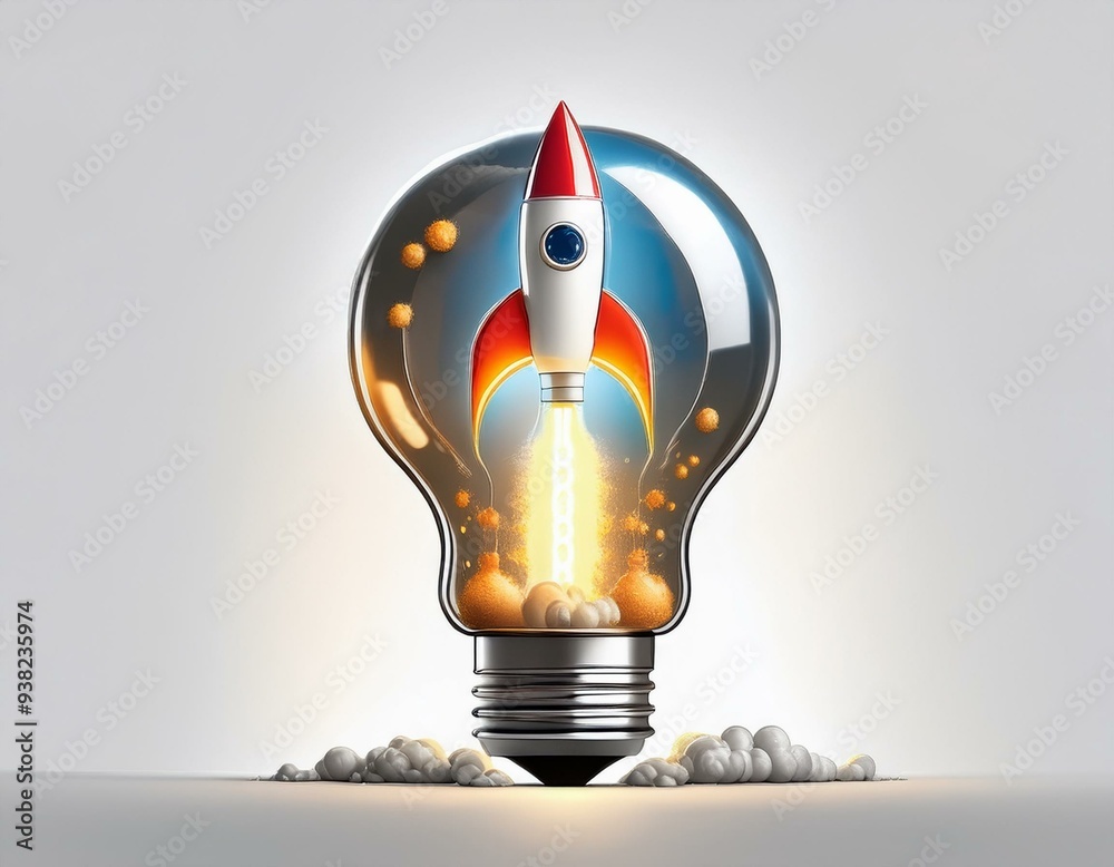 Rocket light bulp,Glowing lightbulb inside of rocket took off from question mark for creative ...