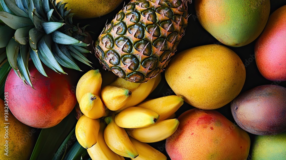 Abstract view of tropical fruits such as mangoes, pineapples, and ...