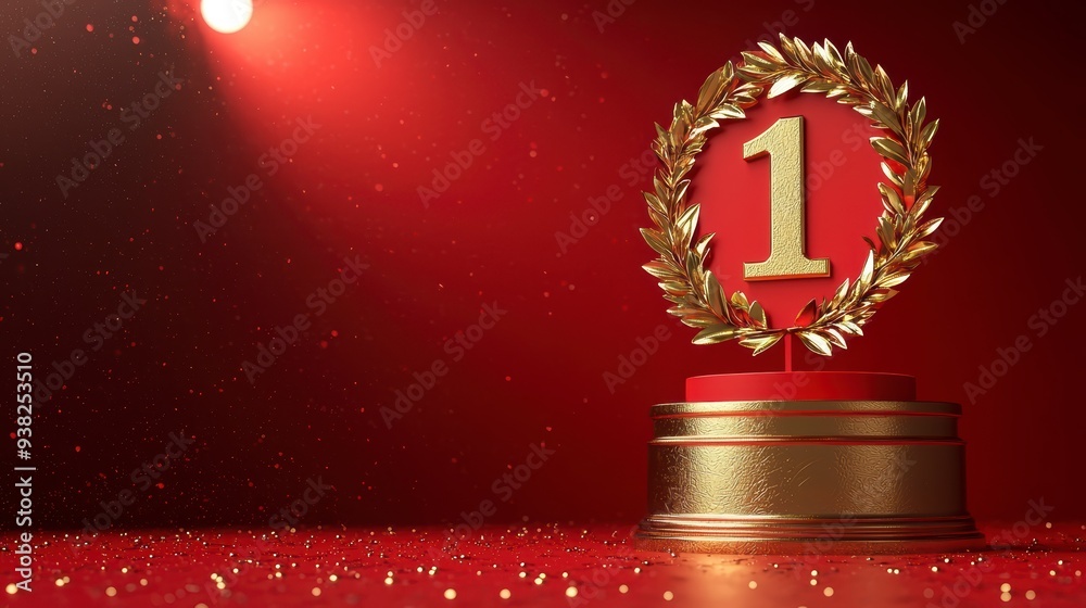 Gold trophy with number one and a laurel wreath on a red background for ...