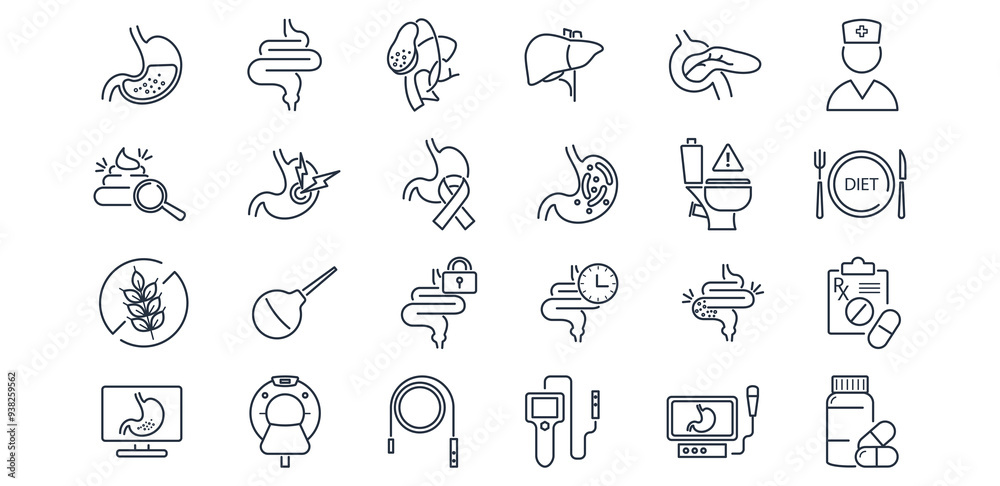 Gastroenterology line icon set. Liver, gallbladder, pancreas, gluten ...
