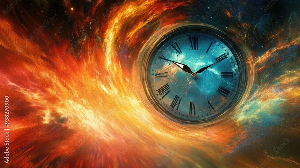 Time warping abstract clock ticking in a colorful, infinite space ...