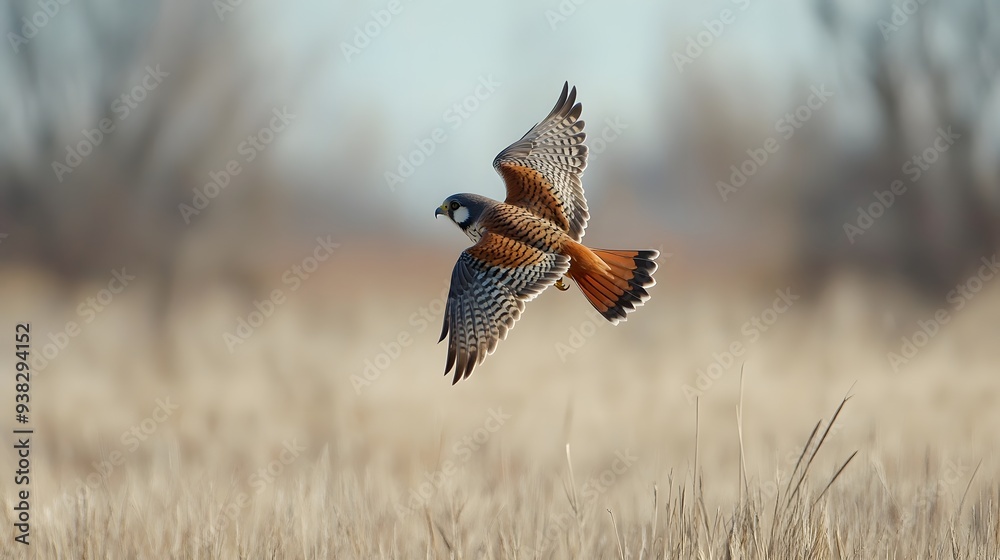 American Kestrel (Falco sparverius) hovering over an open field, ready ...