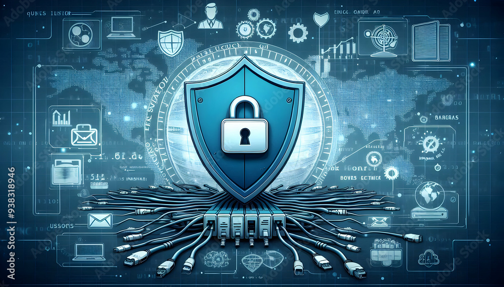 2D vector as Network firewall icon with a shield and network cable ...