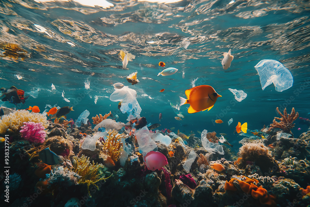 Plastic pollution harming vibrant coral reef and marine life. Stock ...