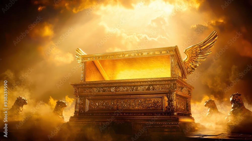 Artistic portrayal of the Ark of the Covenant with golden cherubim, set ...