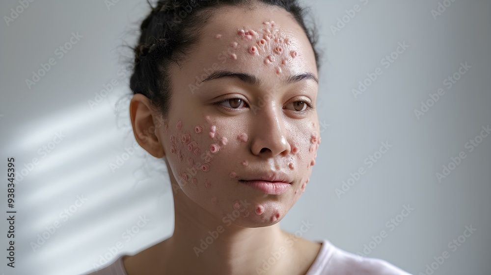 young woman with visible monkeypox symptoms showing pustules and skin ...