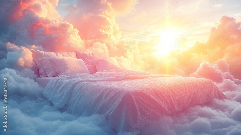 bed nestled among soft, fluffy clouds, creating a dreamy and comforting ...