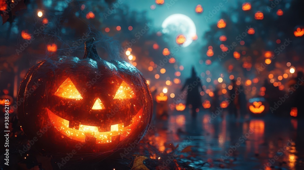 whimsical halloween party scene with glowing jackolanterns spooky decor ...