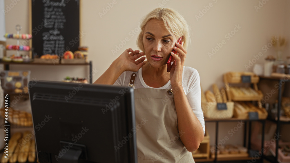 Woman working in a bakery shop while talking on phone and using the ...