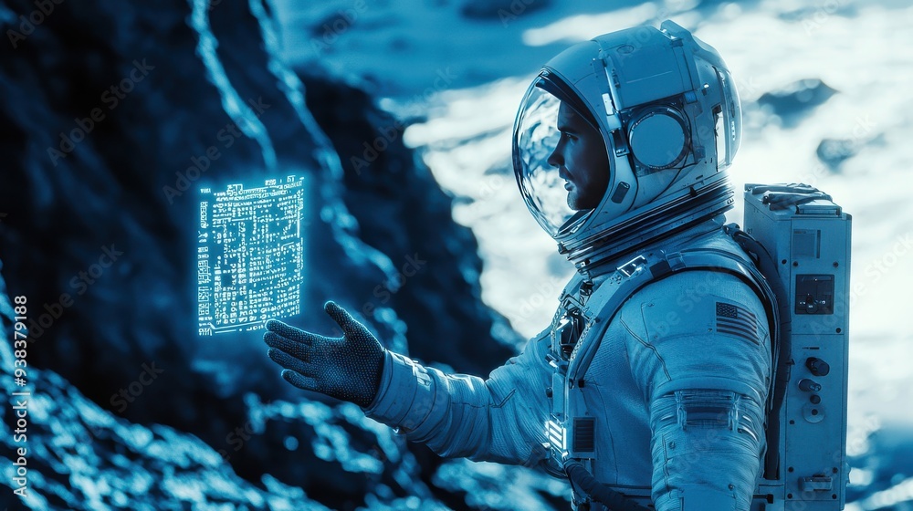 An astronaut interacting with an AI-driven holographic assistant on an ...