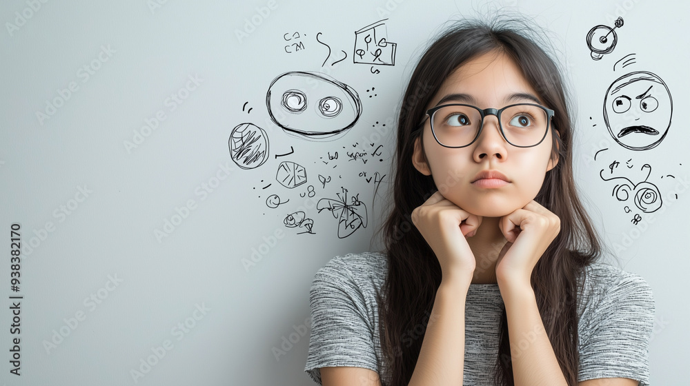 An Asian woman with glasses is thinking, emoticons drawn in black ink ...