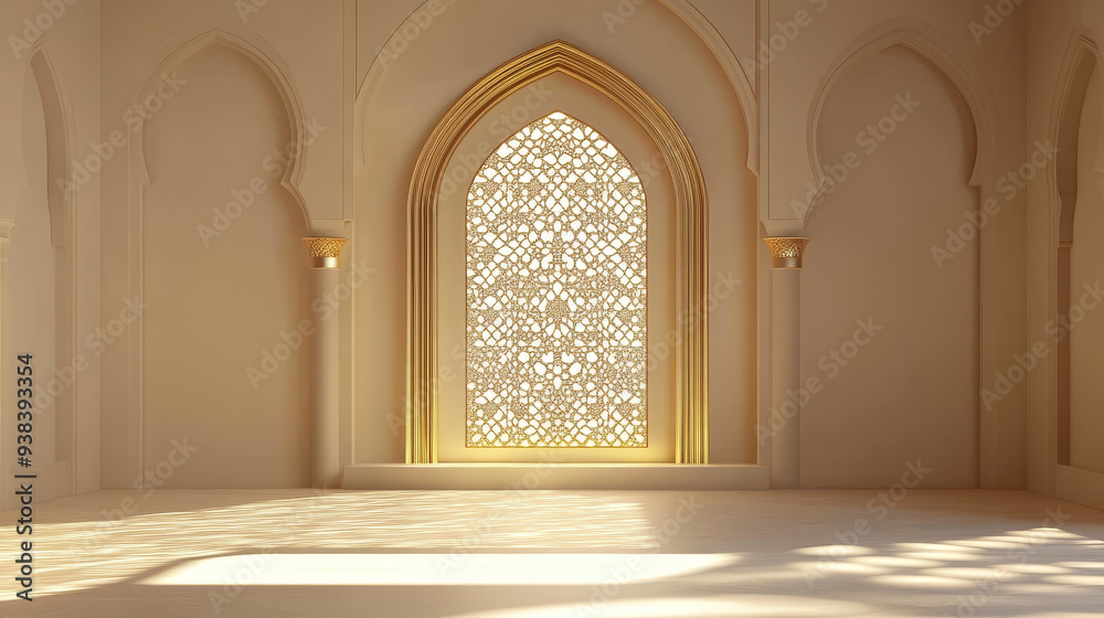 “A luxury Islamic podium featuring a traditional Islamic gold window ...