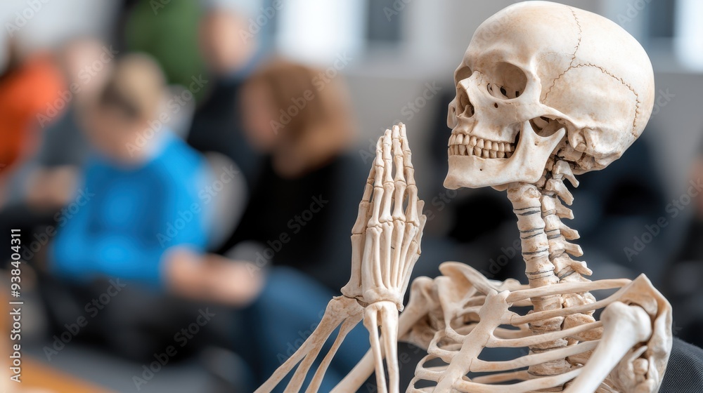 A skeleton is depicted in a praying pose within an indoor group ...